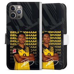 DeinDesign iPhone 12 Pro Handy Klapph&uuml;lle Handyh&uuml;lle aus Kunst Leder wei&szlig; Flip Case Borussia Dortmund Jobe Bellingham Bvb Sideflip mit Lasche