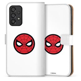 DeinDesign Galaxy A33 5G Handy Klapph&uuml;lle Handyh&uuml;lle aus Kunst Leder wei&szlig; Flip Case Spiderman Merchandise Marvel Sideflip mit Lasche