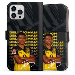 DeinDesign iPhone 13 Pro Max Handy Klapph&uuml;lle Handyh&uuml;lle aus Kunst Leder schwarz Flip Case Borussia Dortmund Jobe Bellingham Bvb Sideflip mit langer Lasche