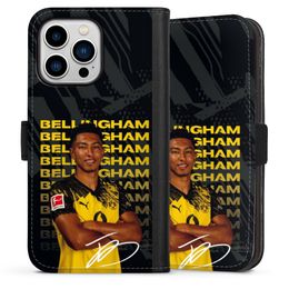DeinDesign iPhone 13 Pro Handy Klapph&uuml;lle Handyh&uuml;lle aus Kunst Leder schwarz Flip Case Borussia Dortmund Jobe Bellingham Bvb Sideflip mit Lasche