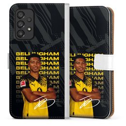 DeinDesign Galaxy A33 5G Handy Klapph&uuml;lle Handyh&uuml;lle aus Kunst Leder wei&szlig; Flip Case Borussia Dortmund Jobe Bellingham Bvb Sideflip mit Lasche