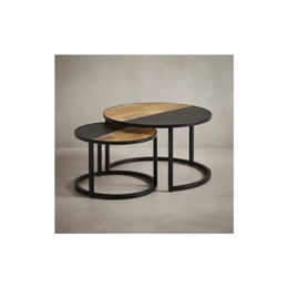 KADIMA DESIGN Runde Couchtische, 2er Set, Mango Massivholz/Steinoptik, Modernes Design