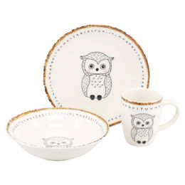 Kindergeschirr-Set Creatable "Freunde des Waldes Eule, Kinder Set 3-tlg.", natur, bunt, 3, Steinzeug, Geschirr-Sets, Tiermotive, skandinavischer Stil, unregelm&auml;&szlig;iger brauner Rand