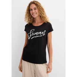 T-Shirt bonprix "Shirt mit Pailletten", Damen, Gr. 36/38 (S), schwarz (schwarz, silber bedruckt), Obermaterial: 100% Baumwolle, loose fit, Shirts T-Shirt, lockere Passform, Kurzarm, aus Baumwolle
