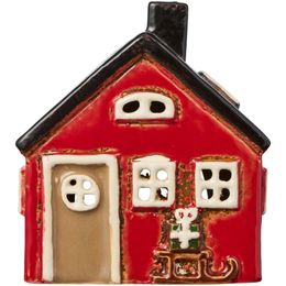 IB Laursen Teelichthaus Stillenat Keramikh&auml;uschen mit Schlitten Motiv 9,2 x 7,5 x 10,5 cm skandinavische Deko Online Shop