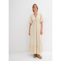 bonprix Maxi-Stufenkleid aus flie&szlig;ender Viskose, beige, Gr.38, Langes Kleid mit Volants und Ballon&auml;rmeln