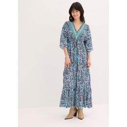 bonprix Maxikleid aus flie&szlig;ender Viskose, blau, Gr.52, bedrucktes Maxikleid aus flie&szlig;ender Viskose mit dekorativen Bindeb&auml;ndern mit Quasten vorne in der Taille und weitem Rock, aus Viskose