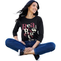 Damen 3/4-Arm-Shirt mit Schriftzug im Vorderteil schwarz-bordeaux, Gr&ouml;&szlig;e 40