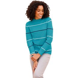 Damen Stehkragenpullover in Ripp-Optik t&uuml;rkis-dunkelblau-geringelt, Gr&ouml;&szlig;e 54