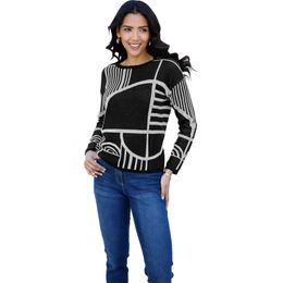Damen Jacquardpullover mit &uuml;berschnittenen Schultern schwarz-ecru-gemustert, Gr&ouml;&szlig;e 38