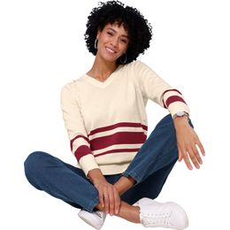 Damen V-Ausschnitt-Pullover mit Kontraststreifen champagner-kirsche, Gr&ouml;&szlig;e 50