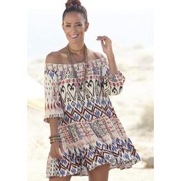 Buffalo Tunikakleid 'mit Carmenausschnitt, luftiges Strandkleid mit Ethnomuster' mehrfarbig Gr. 44/46 f&uuml;r Damen. Carmenausschnitt und Allover-Druck. 