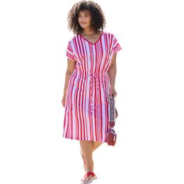 sheego Damen Jerseykleid mit Streifenmuster und Bindeband wei&szlig;-rot-gestreift Gr&ouml;&szlig;e 56