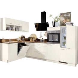 K&uuml;chenzeile KOCHSTATION "KS-Scafa, mit h&ouml;henverstellbaren F&uuml;&szlig;en", beige (k&uuml;che: natur, korpus: magnoliafarben, arbeitsplatte: walnuss braun nachbildung), B:305cm T:60cm, Komplettk&uuml;chen-Sets, K&uuml;chenzeile, vormontiert, wahlweise mit E-Ger&auml;ten, Stellbreite 305 x 185 cm