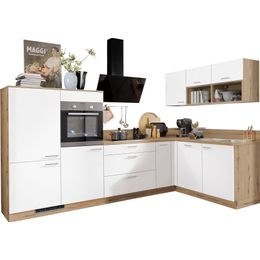 K&uuml;chenzeile KOCHSTATION "KS-Scafa, mit h&ouml;henverstellbaren F&uuml;&szlig;en", wei&szlig; (k&uuml;che: wei&szlig;, korpus: asteiche nachbildung, arbeitsplatte: asteiche nachbildung), B:305cm T:60cm, Komplettk&uuml;chen-Sets, K&uuml;chenzeile, vormontiert, wahlweise mit E-Ger&auml;ten, Stellbreite 305 x 185 cm