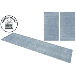 Bettumrandung Theko "Gabbeh Uni, Handweb Teppich, meliert, reine Wolle" Gr. 14, blau (hellblau, grau), H:14mm, Obermaterial: 100% Wolle, Bettumrandungen, Bettvorleger, Uni-Farben, handgewebt, L&auml;ufer-Set, Schlafzimmer