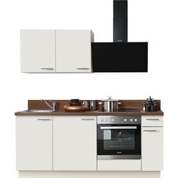 K&uuml;chenzeile KOCHSTATION "KS-Scafa, mit h&ouml;henverstellbaren F&uuml;&szlig;en", wei&szlig; (k&uuml;che: natur, korpus: magnoliafarben, arbeitsplatte: walnuss braun nachbildung), B:200cm T:60cm, Komplettk&uuml;chen-Sets, K&uuml;chenzeile, vormontiert, wahlweise mit E-Ger&auml;ten, mit Soft-Close, Breite 200 cm
