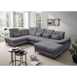 Ecksofa Home Affaire "Lazio modern & bequem, Breite 358cm, U-Form, tolle Detailverarbeitung", silber, zierkissen silber, B:358cm H:94cm T:216cm, 93% Polyester, 7% Polyamid, Sofas, Ecksofa, inkl. Bettkasten, Bettfunktion, Kopfteil-, Sitztiefenverstellung