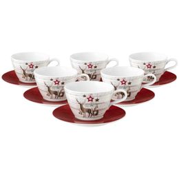 Tasse Seltmann Weiden "Milchkaffeetassen mit Untertassen Life Christmas 370 ml 6er Set wei&szlig;-braun", bunt (wei&szlig;, braun), B:16,4cm H:9cm &Oslash;:16,4cm, Porzellan, Trinkgef&auml;&szlig;e, Tasse, Sp&uuml;lmaschinengeeignet, Mikrowellengeeignet, Ofenfest, Salamandergeeignet, K&uuml;hlschrankgeeignet, Gefrierschrankgeeignet