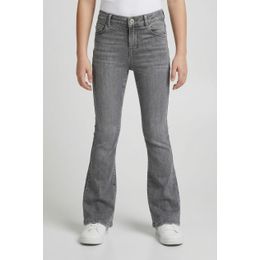 Bootcut-Jeans KIDS Only "KOGRAIN REG FLARED DNM PIM571 NOOS", M&auml;dchen, Gr. 146, N-Gr, grau (medium grau denim), Denim/Jeans, Obermaterial: 53% Viskose, 29% Baumwolle, 17% Polyester, 1% Elasthan, unifarben, ausgestellt lang, Jeans