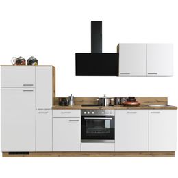 K&uuml;chenzeile KOCHSTATION "KS-Scafa, mit h&ouml;henverstellbaren F&uuml;&szlig;en", wei&szlig; (k&uuml;che: wei&szlig;, korpus: asteiche nachbildung, arbeitsplatte: asteiche nachbildung), B:310cm T:60cm, Komplettk&uuml;chen-Sets, K&uuml;chenzeile, vormontiert, wahlweise mit E-Ger&auml;ten, mit Soft-Close, Breite 310 cm