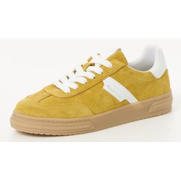 Plateausneaker Tamaris, Damen, Gr. 38, gelb (gelb kombiniert), Lederimitat, Veloursleder, kontrastfarbene Details, Schuhe Plateausneaker, Schn&uuml;rschuh, Halbschuh, Freizeitschuh mit gepolstertem Schaftrand