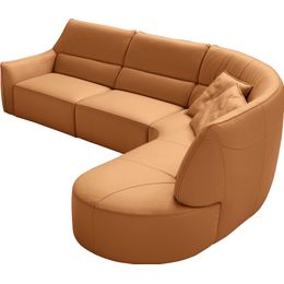 Ecksofa Egoitaliano "Puffy, extravagant & edel, Retro Designsofa, hoher Sitzkomfort, L-Form", orange, B:330cm H:88cm T:205cm, Leder &raquo;BULL&laquo; (echtes Rindsleder). Geschliffenes, pigmentiertes und behandeltes Rindsleder mit einer Dicke von 1, 3-1, 5 mm. Dieses Leder zeigt eine ziemlich weiche Hand mit einem halb undurchsichtigen Aussehen. Es handelt sich um ein gesch&uuml;tztes Leder. Eine leichte Deckschi