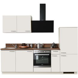 K&uuml;chenzeile KOCHSTATION "KS-Scafa, mit h&ouml;henverstellbaren F&uuml;&szlig;en", beige (k&uuml;che: natur, korpus: magnoliafarben, arbeitsplatte: walnuss braun nachbildung), B:260cm T:60cm, Komplettk&uuml;chen-Sets, K&uuml;chenzeile, vormontiert, wahlweise mit E-Ger&auml;ten, mit Soft-Close, Breite 260 cm