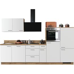 K&uuml;chenzeile KOCHSTATION "KS-Scafa, mit h&ouml;henverstellbaren F&uuml;&szlig;en", wei&szlig; (k&uuml;che: wei&szlig;, korpus: asteiche nachbildung, arbeitsplatte: asteiche nachbildung), B:320cm T:60cm, Komplettk&uuml;chen-Sets, K&uuml;chenzeile, vormontiert, wahlweise mit E-Ger&auml;ten, mit Soft-Close, Breite 320 cm