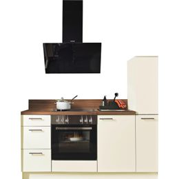 K&uuml;che KOCHSTATION "KS-Scafa", mit h&ouml;henverstellbaren F&uuml;&szlig;en", beige (k&uuml;che: natur, korpus: magnoliafarben, arbeitsplatte: walnuss braun nachbildung), B:180cm T:58cm, Komplettk&uuml;chen-Sets, vormontiert, wahlweise mit E-Ger&auml;ten, Stellbreite 180 cm