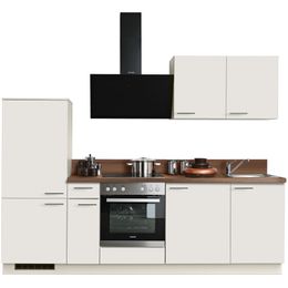K&uuml;chenzeile KOCHSTATION "KS-Scafa, mit h&ouml;henverstellbaren F&uuml;&szlig;en", beige (k&uuml;che: natur, korpus: magnoliafarben, arbeitsplatte: walnuss braun nachbildung), B:260cm T:60cm, Komplettk&uuml;chen-Sets, K&uuml;chenzeile, vormontiert, wahlweise mit E-Ger&auml;ten, mit Soft-Close, Breite 260 cm
