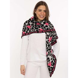Dreieckstuch Zwillingsherz "Be Brave", Damen, grau, Baumwollmischung, Modet&uuml;cher, Leomuster, mit pinken Herzen und Schriftzug, tolles Accessoire