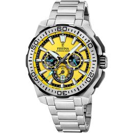 Chronograph Festina "Chrono Bike 2025", silber (silberfarben, gelb), Armbanduhren, Herren, Chronograph, Quarzuhr, Armbanduhr, Herrenuhr, Edelstahlarmband, analog, Tag