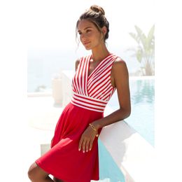 Sommerkleid Lascana "mit Streifenprint, b&uuml;gelfreie Qualit&auml;t, maritim", Damen, Gr. 34, N-Gr, wei&szlig;, rot gestreift, Single Jersey, Obermaterial: 95% Polyester, 5% Elasthan, gestreift, unifarben, figurumspielend kniefrei, tiefer V-Ausschnitt, Kleider Sommerkleid, tailliertes Minikleid, Streifenkleid, elegantes Strandkleid, casual