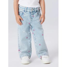 Weite Jeans name it "NMFROSE WIDE EMB JEANS 2633-FR NOOS", M&auml;dchen, Gr. 92, N-Gr, light blau bleached denim, Denim/Jeans, Obermaterial: 98% Baumwolle, 2% Elasthan, bestickt, leichte Abriebeffekte, weit lang, Jeans