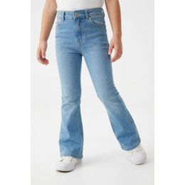 Bootcut-Jeans KIDS Only "KOGLAOLA HW FLARED DNM BOX", M&auml;dchen, Gr. 134, N-Gr, light blau denim, Denim/Jeans, Obermaterial: 80% Baumwolle, 19% Polyester, 1% Elasthan, unifarben, bootcut fit normal, Jeans