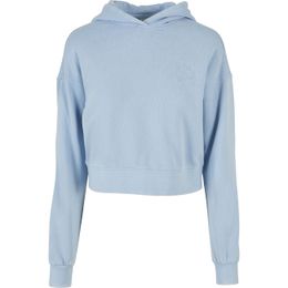 Kapuzenpullover Urban Classics "Urban Classics Damen Ladies Short Flower Embroidery Terry Hoody", Damen, Gr. L, balticblau, 100% Baumwolle, unifarben, Pullover Kapuzenpullover