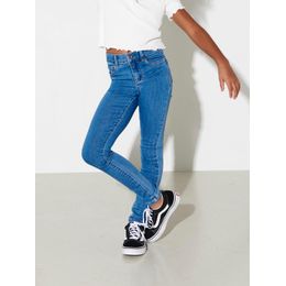 Skinny-fit-Jeans KIDS Only "KONRAIN LIFE REG SKINNY BB BJ009 NOOS", M&auml;dchen, Gr. 146, N-Gr, medium blau denim, Denim/Jeans, Obermaterial: 53% Viskose, 29% Baumwolle, 17% Polyester, 1% Elasthan, unifarben, skinny fit lang, Jeans