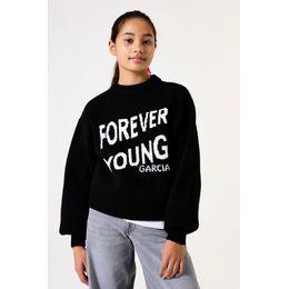 Rundhalspullover Garcia, M&auml;dchen, Gr. 128/134, off schwarz, Strick, Obermaterial: 68% Polyacryl, 28% Polyester, 4% Elasthan, Intarsienmuster, regular fit normal, Rundhals, Rippb&uuml;ndchen, Pullover Rundhalspullover, mit Schriftzug for GIRLS