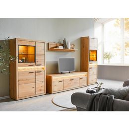 Cantus Wohnwand, Eiche, Holz, Glas, 4-teilig, Asteiche, furniert, massiv, 5 F&auml;cher, 359x198x49 cm, Beim&ouml;bel erh&auml;ltlich, Wohnzimmer, Wohnw&auml;nde, Wohnwand-Sets