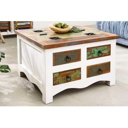 Riess Ambiente Massiver Couchtisch JAKARTA 70cm wei&szlig; bunt Holz Truhe aus recycelten Fischerbooten mit Schubladen Riess-Ambiente Sofatisch Wohnzimmertisch...