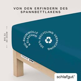 Spannbettlaken Schlafgut "PREMIUM Mako-Zwirn-Jersey, 220 g/m&sup2;, 95% Bio-Baumwolle, 5% Elasthan", blau (petrol deep), 1 Stk., Mako-Zwirn-Jersey, 90-100x190-220 30cm, Mako-Zwirn-Jersey, Obermaterial: 95% Baumwolle, 5% Elasthan, Bettlaken, Spannbettlaken, Bettlaken bis 30 cm H&ouml;he, PREMIUM-Qualit&auml;t langlebig, perfekter Sitz