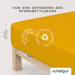 Spannbettlaken Schlafgut "PREMIUM Mako-Zwirn-Jersey, 220 g/m&sup2;, 95% Bio-Baumwolle, 5% Elasthan", gelb (gelb deep), 1 Stk., Mako-Zwirn-Jersey, 90-100x190-220 30cm, Mako-Zwirn-Jersey, Obermaterial: 95% Baumwolle, 5% Elasthan, Bettlaken, Spannbettlaken, Bettlaken bis 30 cm H&ouml;he, PREMIUM-Qualit&auml;t langlebig, perfekter Sitz