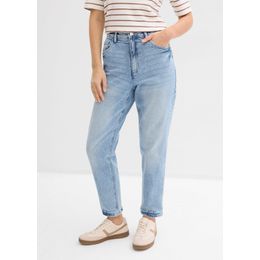 bonprix Mom Jeans High Waist Low Stretch cropped, blau, Gr.38, Mom Jeans mit hohem Bund aus einem festen Baumwolldenim, der sich zun&auml;chst etwas steif anf&uuml;hlt und durch h&auml;ufiges Tragen weicher und lockerer wird., 99% Baumwolle