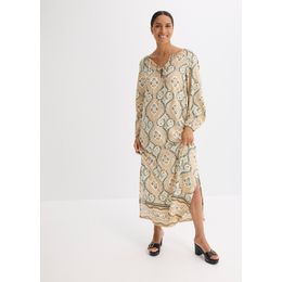 bonprix bedrucktes Kaftan-Kleid aus flie&szlig;ender Viskose, beige, Gr.52, sommerliches Kaftan-Kleid in Maxil&auml;nge aus flie&szlig;ender Viskose mit zwei kleinen Bindeb&auml;ndern vorne am Ausschnitt, aus Viskose