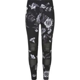 Leggings Urban Classics "Urban Classics Damen Girls Tech Mesh AOP Leggings", M&auml;dchen, Gr. 122/128, Normalgr&ouml;&szlig;en, schwarzflower aop, 77% Polyester, 23% Elasthan, slim fit, Hosen Leggings