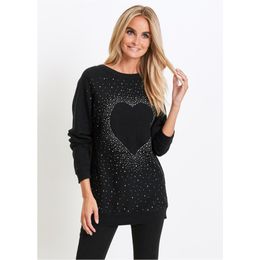 Longpullover bonprix "Long-Pullover aus Baumwoll-Mix", Damen, Gr. 36/38 (S), schwarz, Feinstrick, Obermaterial: 70% Baumwolle, 30% Polyamid, bedruckt, unifarben, loose fit Po-bedeckend, Rundhals, Fledermaus&auml;rmel Strickb&uuml;ndchen, Pullover Longpullover, aus Baumwoll-Mix, mit Fledermaus&auml;rmeln, mit Glitzersteinchen