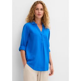 Langarmbluse bonprix "3/4-Arm Bluse mit Leinen", Damen, Gr. 46, blau (azurblau), Web, Obermaterial: 55% Leinen, 45% Viskose, unifarben, figurumspielend normal, Aufschlag, Blusen, figurumspielende Passform, f&uuml;r vielseitige Alltagslooks