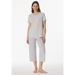 Schlafanzug Schiesser "Casual Essentials", Damen, Gr. 48, silber (210, silbergrau, meliert), Single Jersey, Obermaterial: 100% Baumwolle, regular fit 3/4-L&auml;nge, V-Ausschnitt, Homewear-Sets Schlafanzug, mit modisch umgeschlagenen &Auml;rmeln