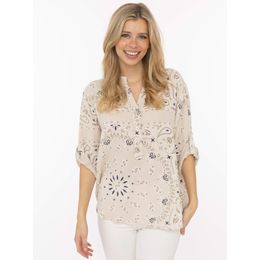 Kurzarmbluse Zwillingsherz "Paisley Dreams", Damen, beige, Web, Obermaterial: 100% Baumwolle, gemustert, mehrfarbig, Po-bedeckend, Krempel&auml;rmel krempelbar, Blusen, Musselin, Paisley Muster, umgeschlagene &Auml;rmel, V-Neck mit Knopfleiste